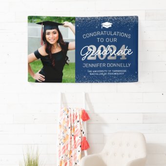 Elegant Photo Graduation Blue & Silver Banner | Zazzle