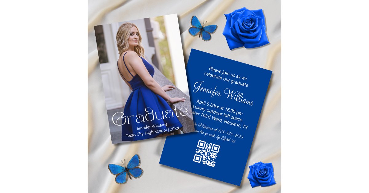 elegant photo graduation party qr code rsvp blue invitation | Zazzle