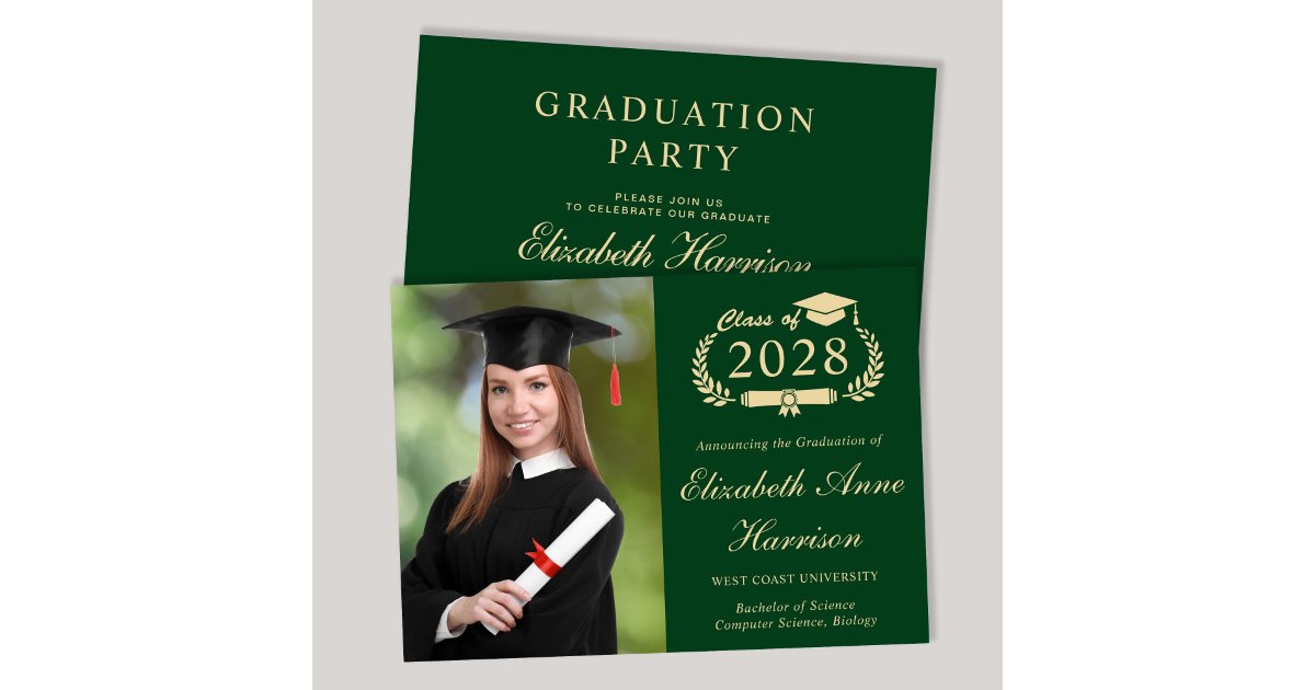 Elegant Photo Green College Graduation Party Invitation | Zazzle