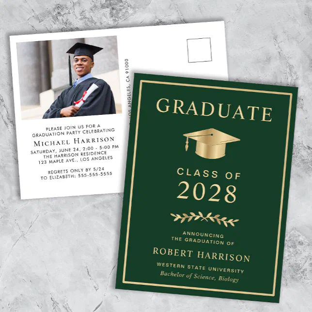 Elegant Photo Green College Graduation Party Invitation Postcard | Zazzle