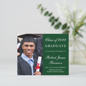 Elegant Photo Green Graduation Announcement | Zazzle