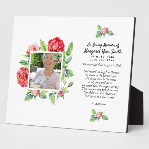 Elegant Photo Memorial Celebration of Life Roses Plaque | Zazzle