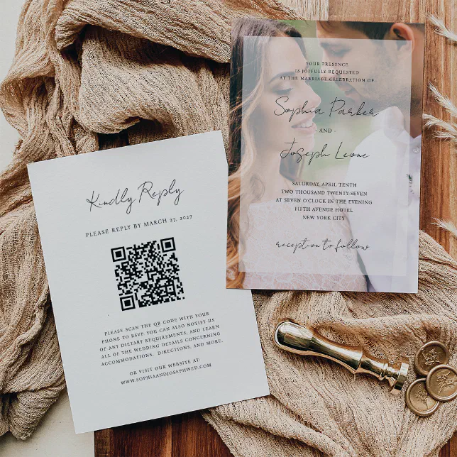 Elegant Photo Overlay and RSVP QR Code Wedding Invitation | Zazzle