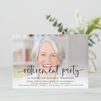 Elegant Photo Overlay Script Retirement Invitation | Zazzle