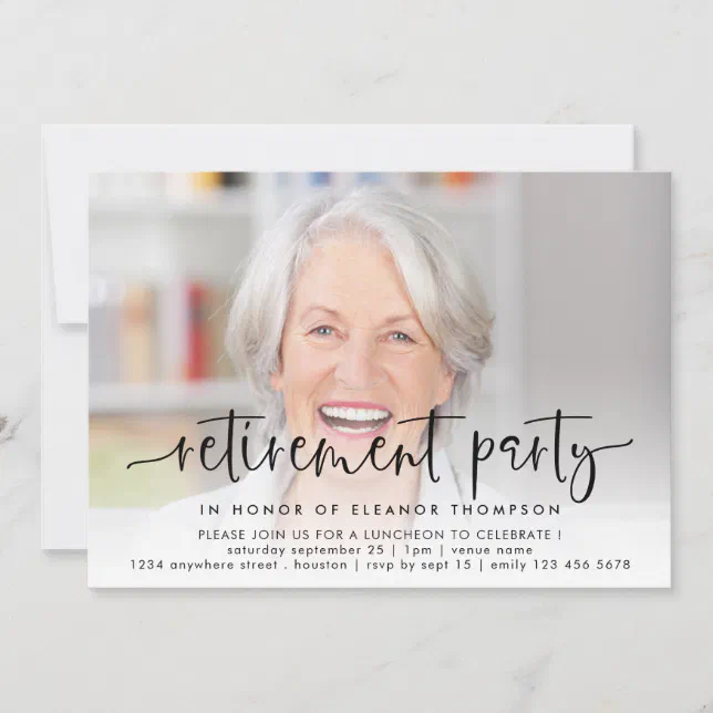 Elegant Photo Overlay Script Retirement Invitation | Zazzle