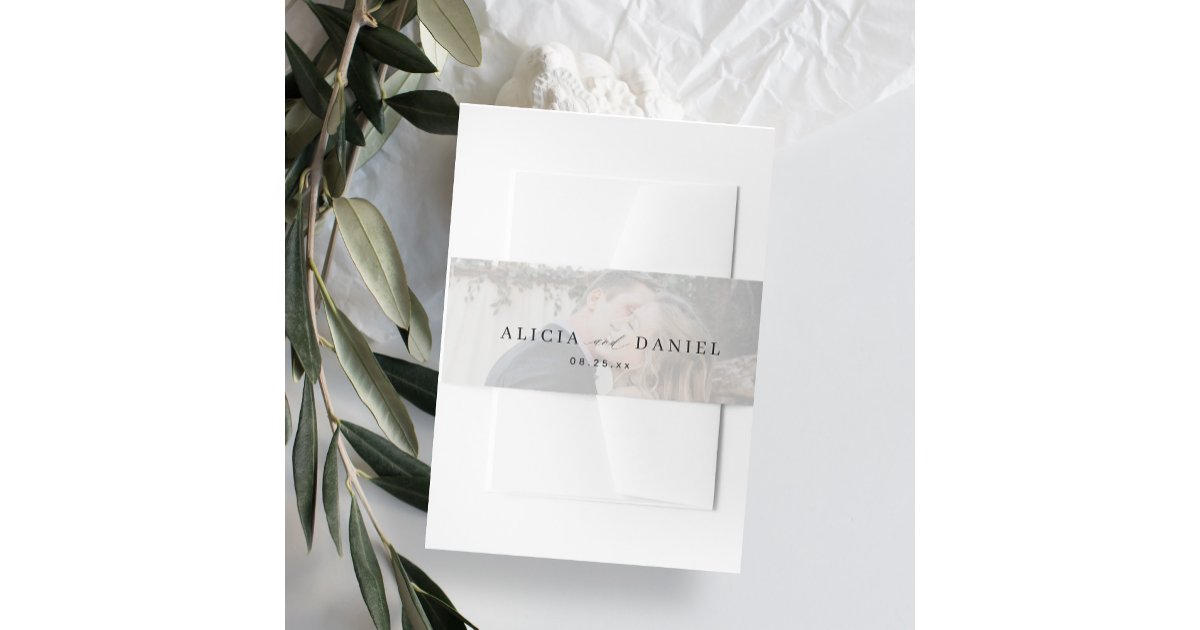 Elegant photo overlay wedding invitation belly band | Zazzle
