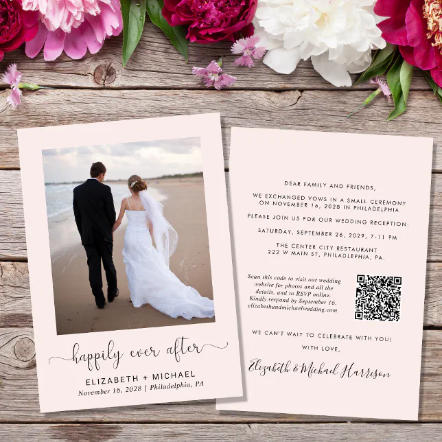 Elegant Photo QR Code Pink Wedding Reception Invitation | Zazzle