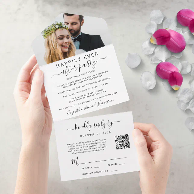 Elegant Photo QR Code Wedding Reception All In One Invitation | Zazzle