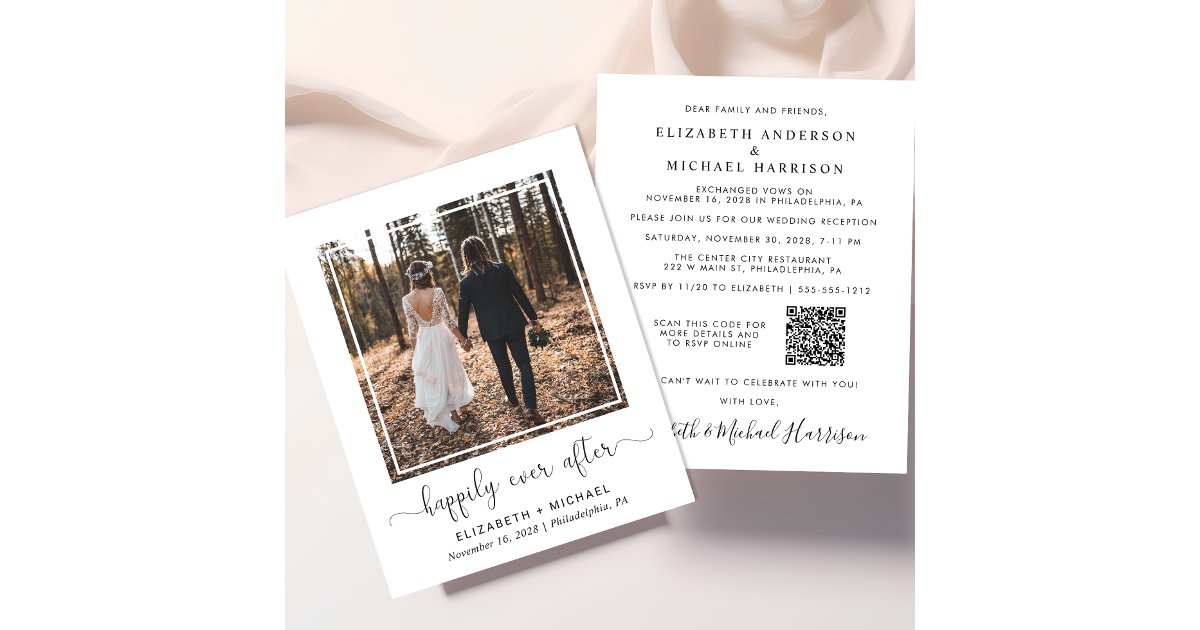 Elegant Photo QR Code Wedding Reception Invitation | Zazzle