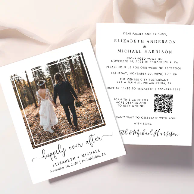 Elegant Photo QR Code Wedding Reception Invitation | Zazzle