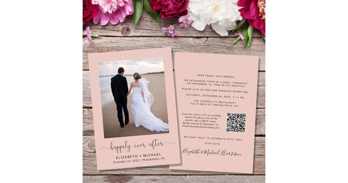 Elegant Photo QR Code Wedding Reception Invitation | Zazzle
