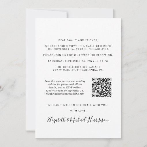 Elegant Photo QR Code Wedding Reception Invitation | Zazzle