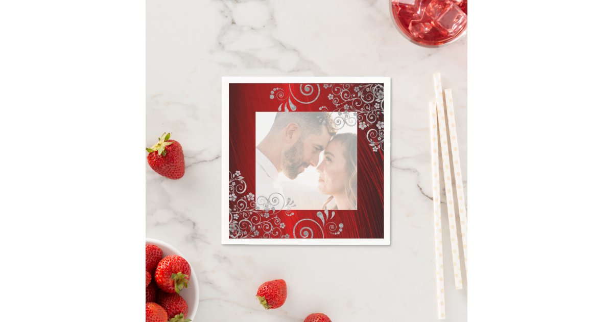 Elegant Photo Ruby Red Gray Swirls Wedding Napkins | Zazzle