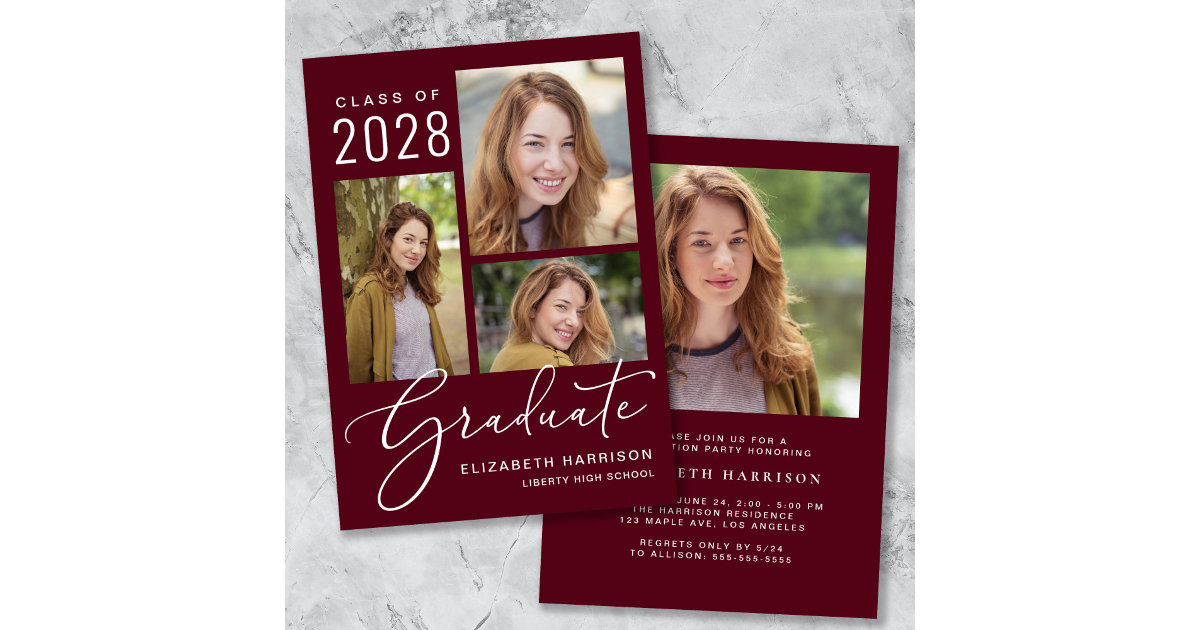 Elegant Photo Script Burgundy Graduation Party Invitation | Zazzle
