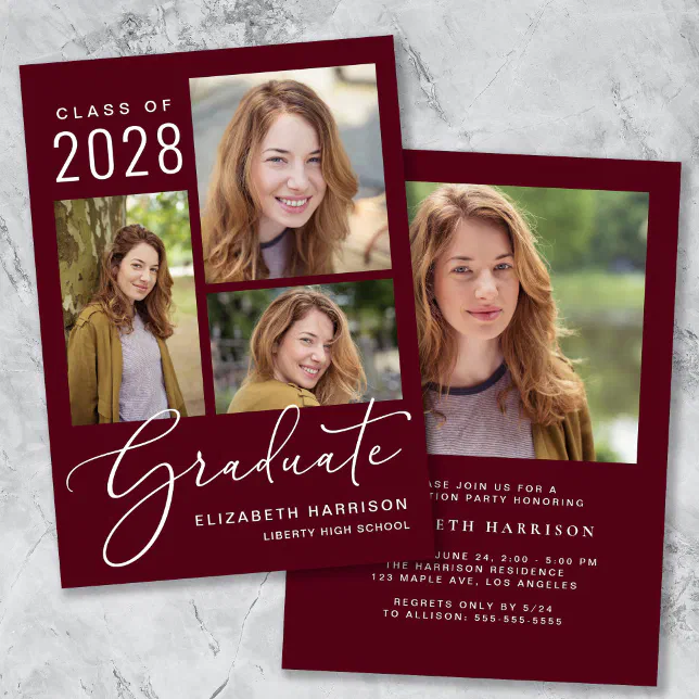 Elegant Photo Script Burgundy Graduation Party Invitation | Zazzle