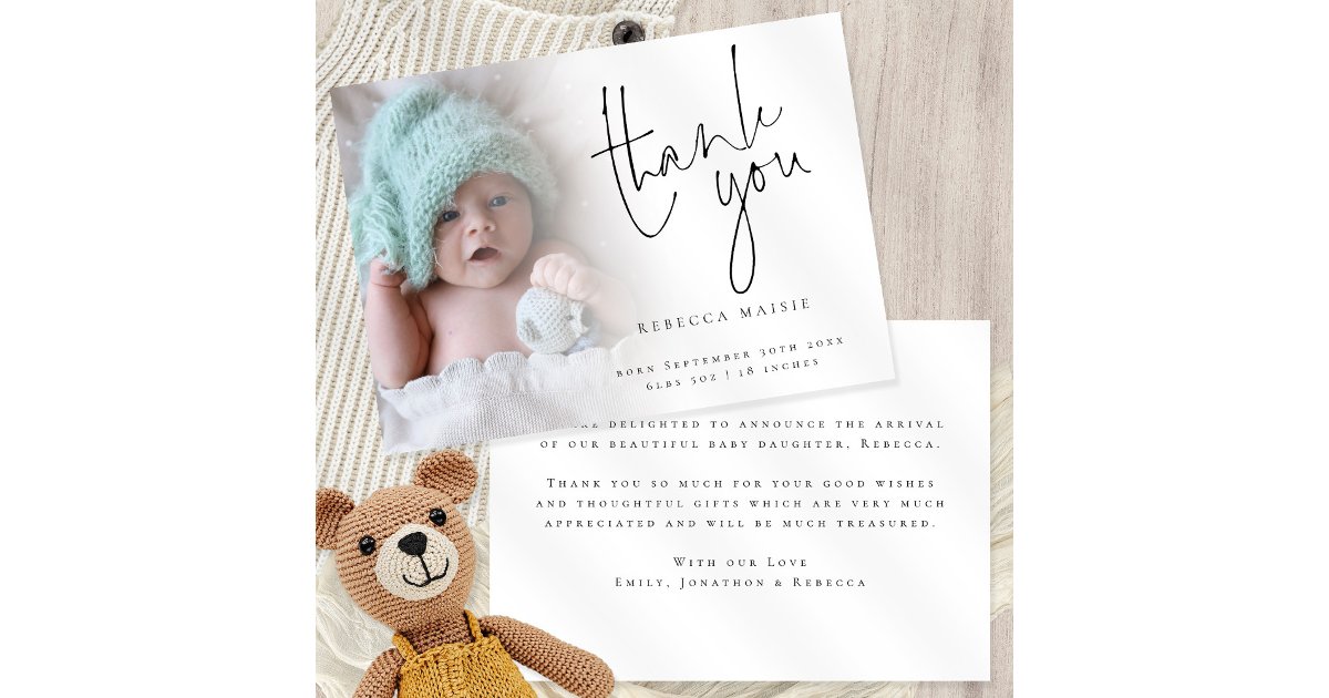 Elegant Photo Script Thank You Birth Announcement | Zazzle