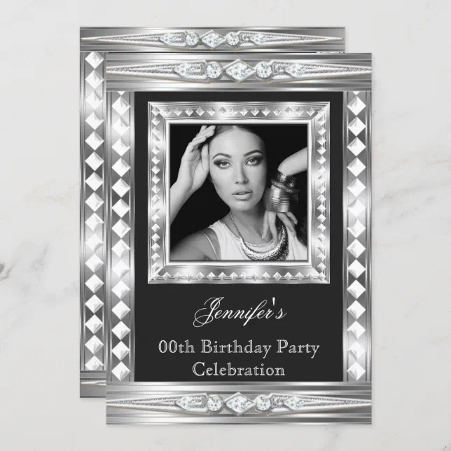 Elegant Photo Silver Glam Diamond Black Birthday 2 Invitation | Zazzle