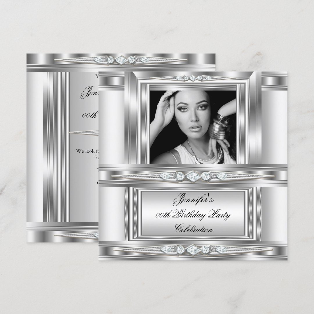 Elegant Photo Silver White Diamond Birthday Party Invitation | Zazzle