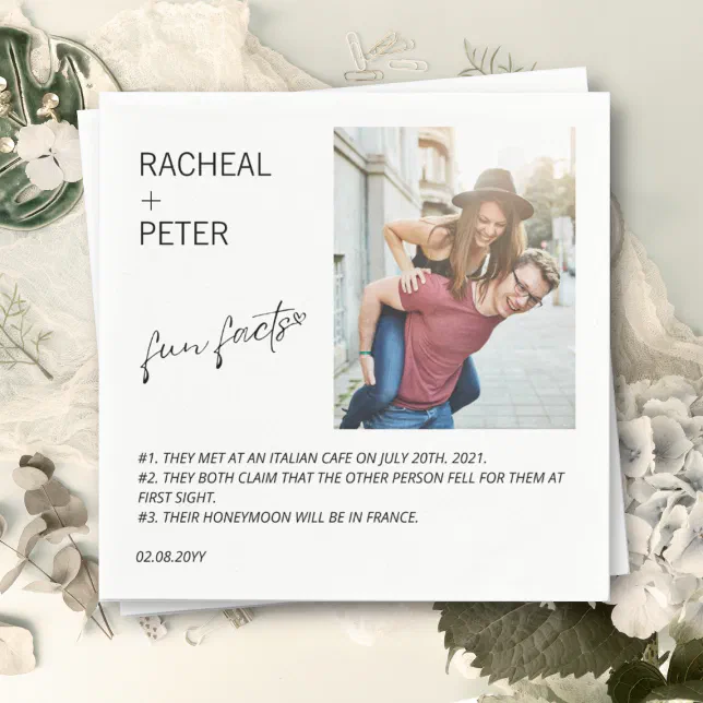 Elegant Photo Simple Script Fun Facts Wedding Napkins | Zazzle