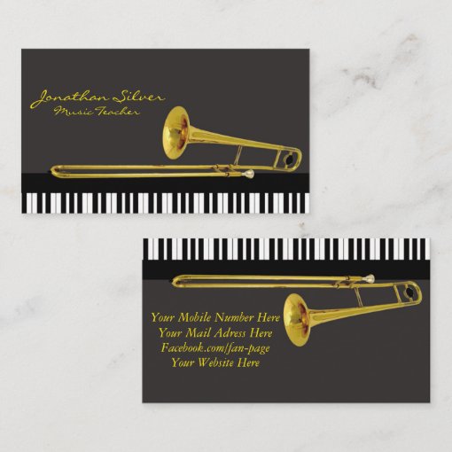 Elegant Piano Keys & Trombone Music Business Card | Zazzle