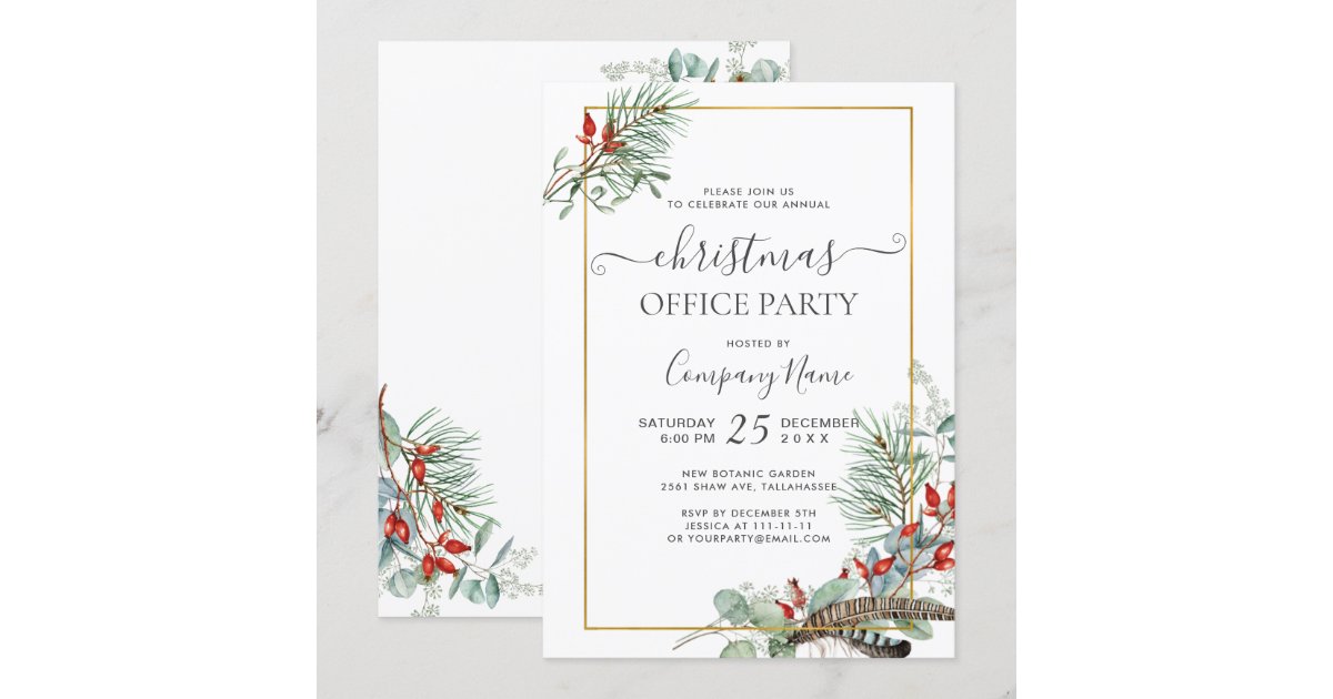 Elegant Pine Eucalyptus Christmas Office Party Invitation | Zazzle