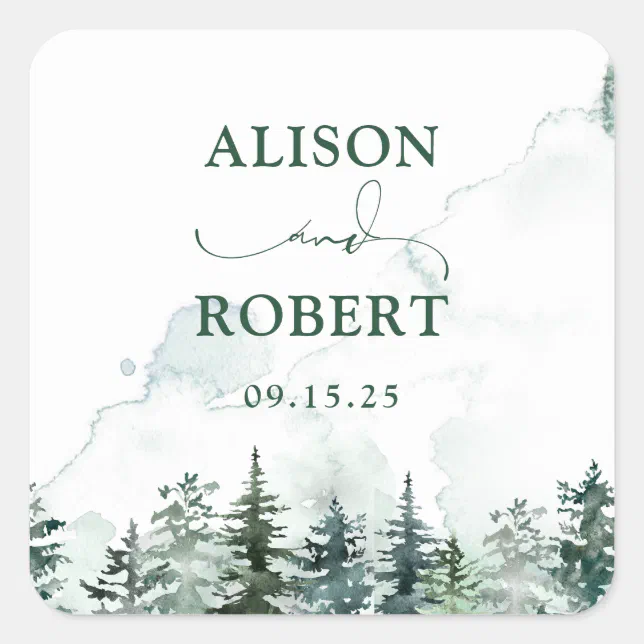 Elegant Pine Trees Forest Calligraphy Wedding Square Sticker | Zazzle