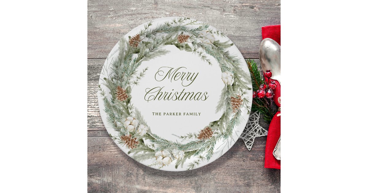 Elegant Pine Wreath and Greenery | Merry Christmas Paper Plates | Zazzle