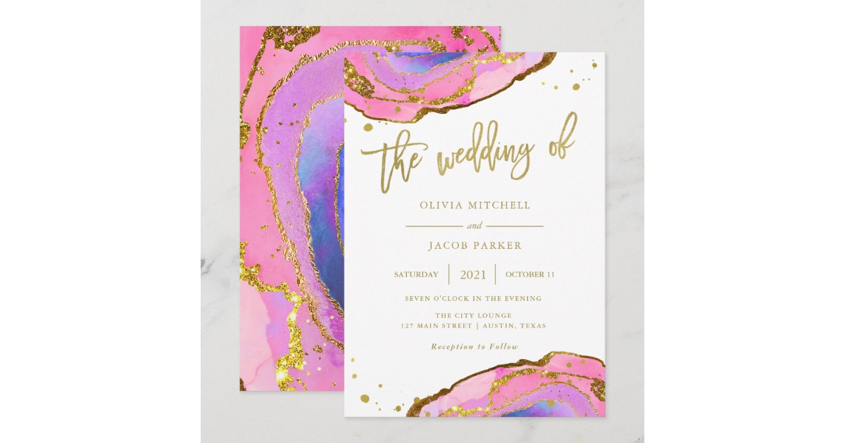 Elegant Pink and Blue Geode with Gold | Wedding Invitation | Zazzle