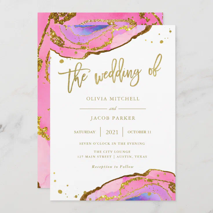 Elegant Pink and Blue Geode with Gold | Wedding Invitation | Zazzle