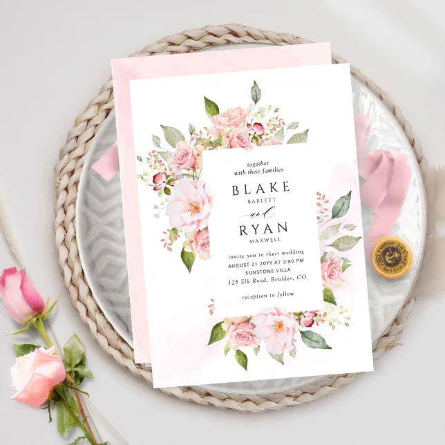 Elegant Pink and Blush Floral Frame Wedding Invitation | Zazzle
