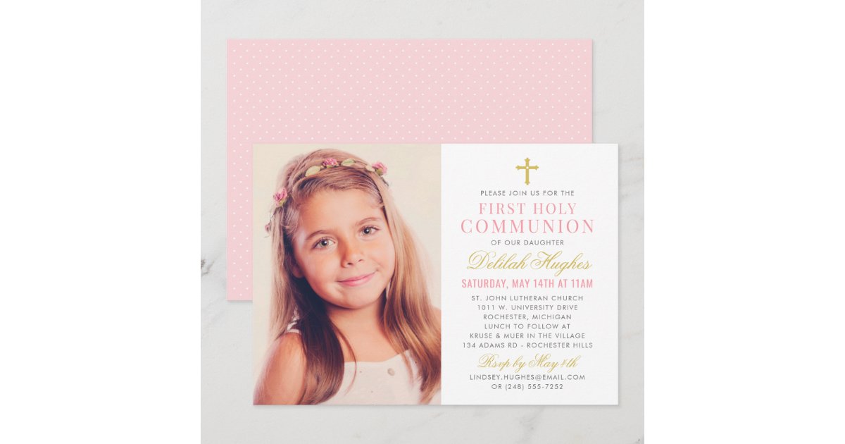 Elegant Pink and Gold First Communion Girl Photo Invitation | Zazzle