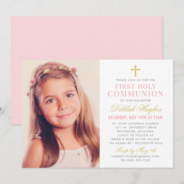 Elegant Pink and Gold First Communion Girl Photo Invitation | Zazzle
