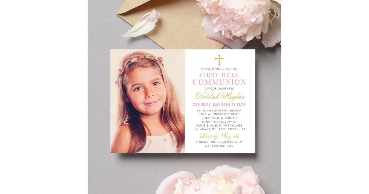 Elegant Pink and Gold First Communion Girl Photo Invitation | Zazzle