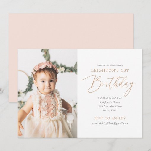 Elegant Pink and Gold Girl Birthday Photo Invitation | Zazzle