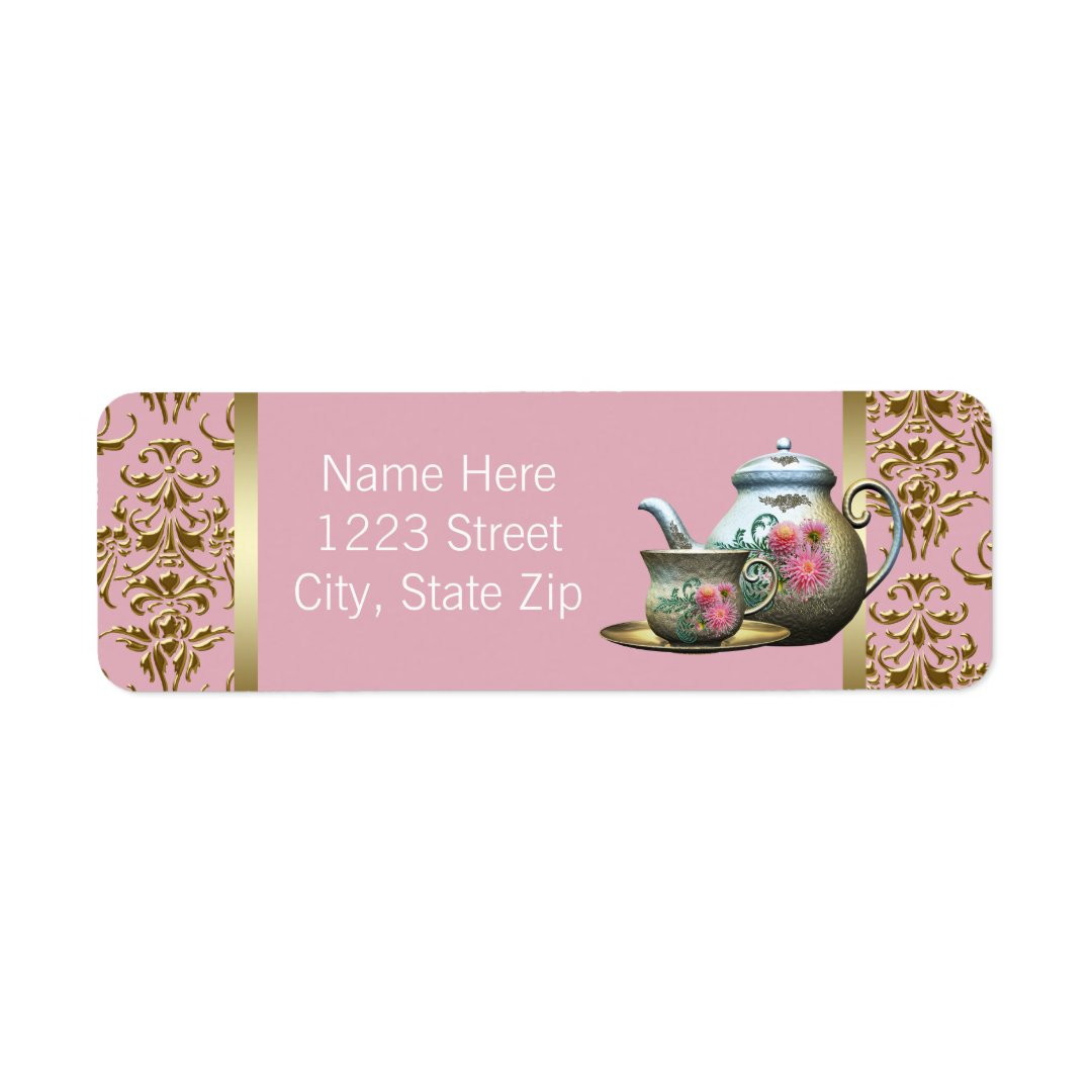 Elegant Pink and Gold Teapot Address Labels | Zazzle