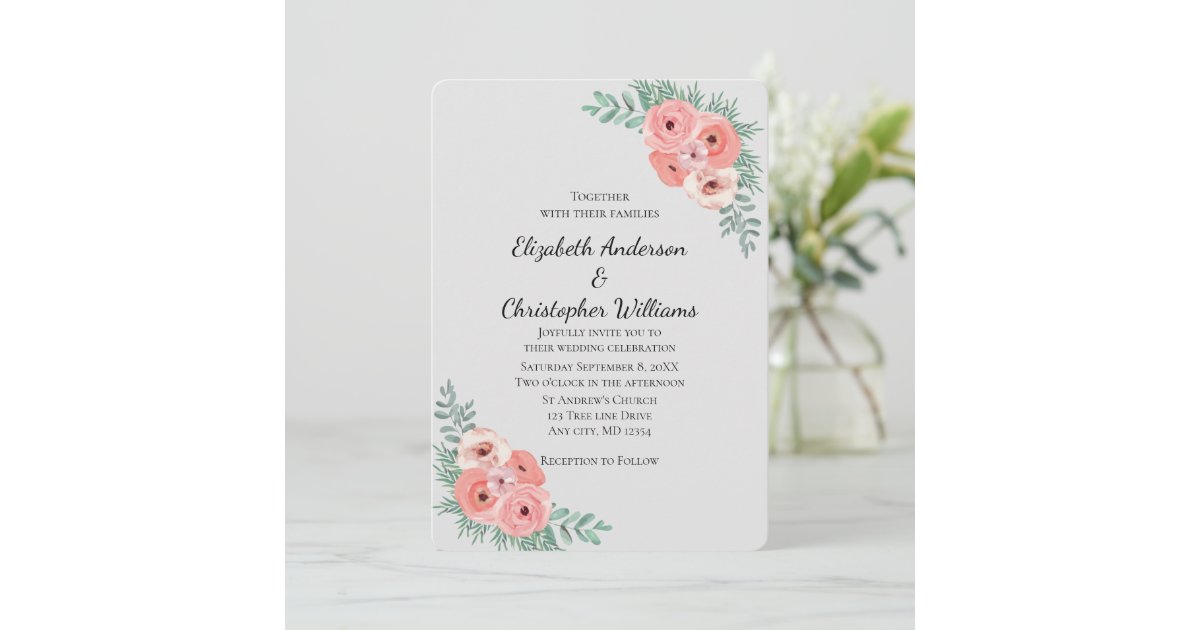 Elegant Pink and Gray Floral Watercolor Wedding Invitation | Zazzle