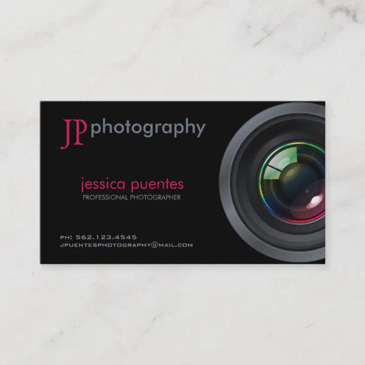 Elegant Pink and Gray Photographer Camera Lens Business Card | Zazzle