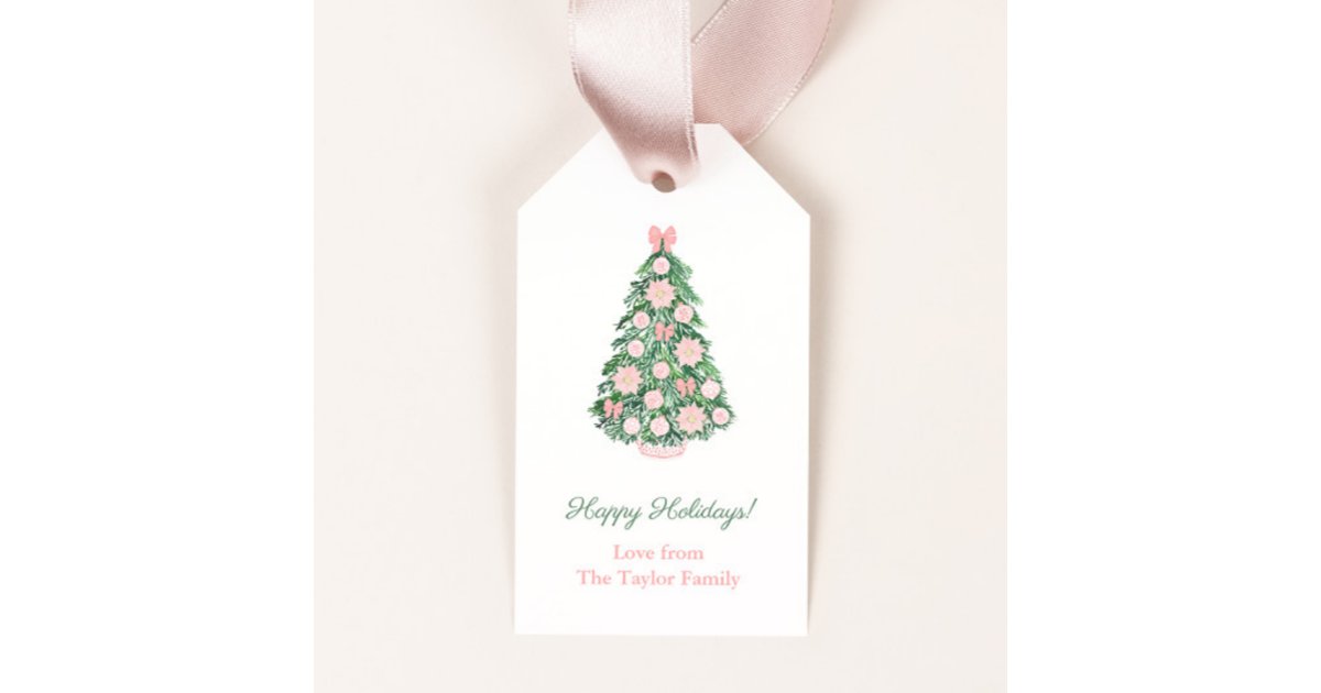 Elegant Pink And Green Happy Holidays Christmas Gift Tags | Zazzle