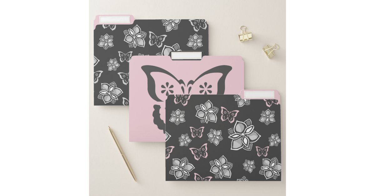 Elegant Pink and Grey Butterfly Pattern File Folder | Zazzle