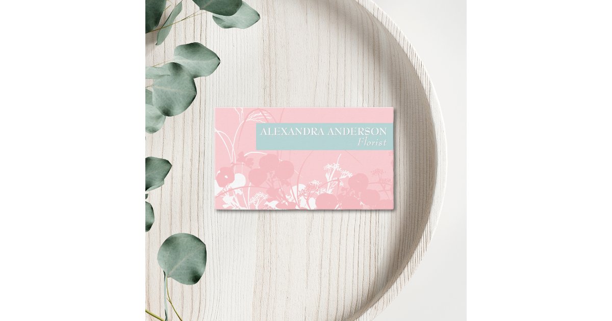 Elegant Pink And Light Grayish Cyan Floral Minimal Business Card | Zazzle