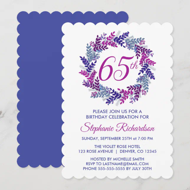 Elegant Pink and Purple Wreath 65th Birthday Invitation | Zazzle