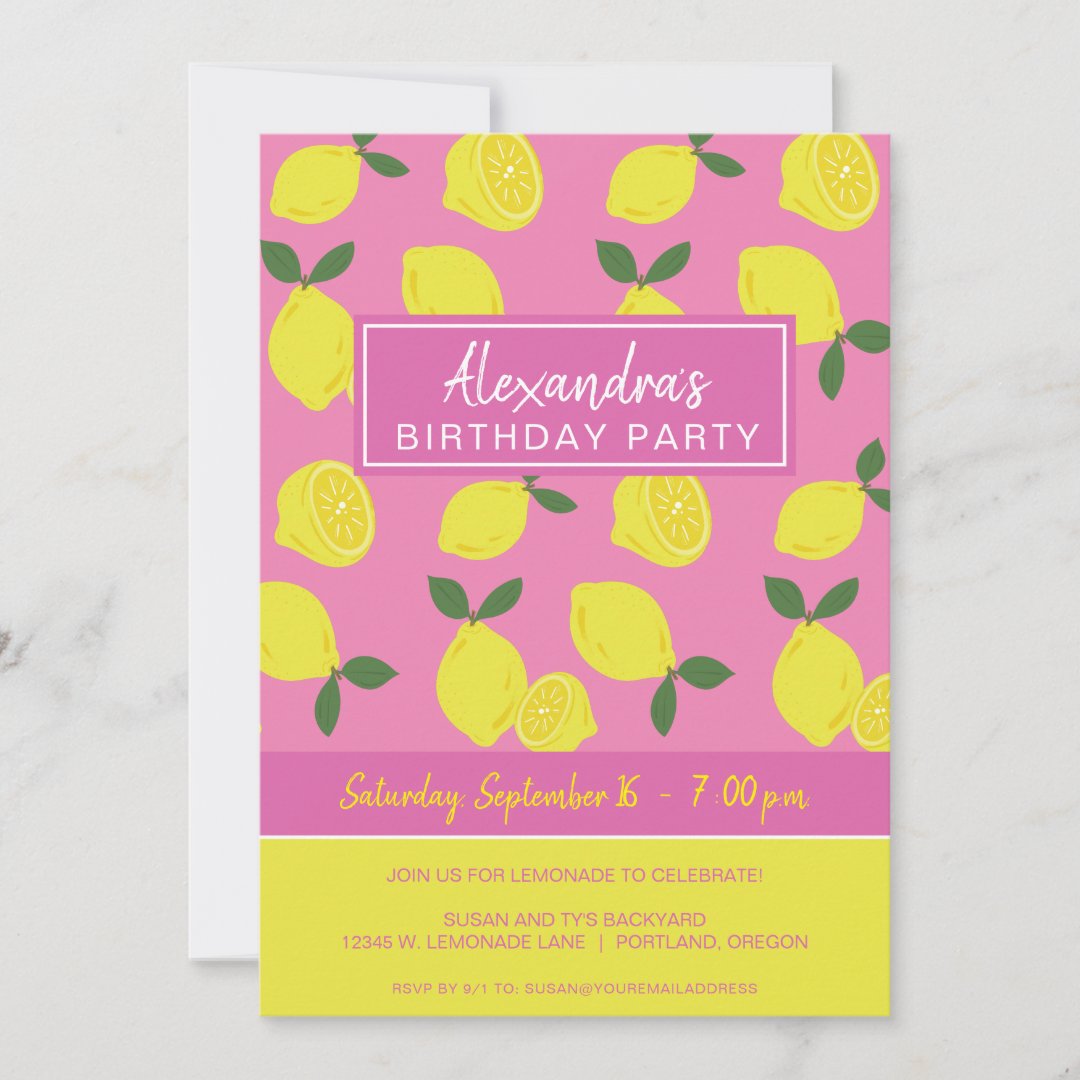 Elegant Pink and Yellow Lemon Party Invitation | Zazzle