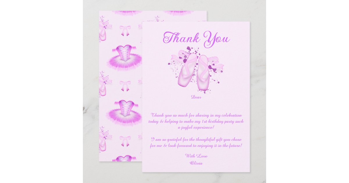 Elegant Pink Ballet Birthday Pointe Shoes Thank You Card | Zazzle