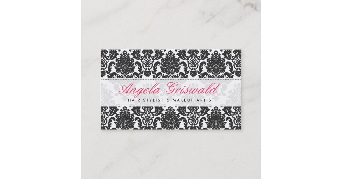 Elegant Pink & Black Damask Business Cards | Zazzle