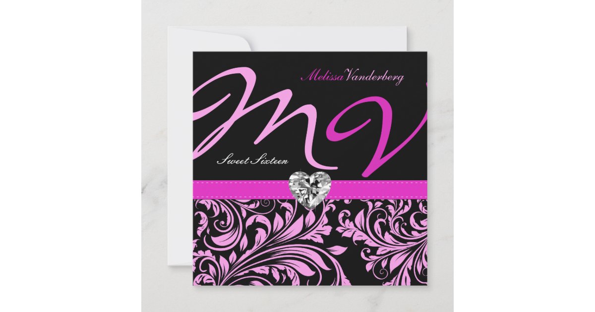 Elegant Pink / Black Damask Monogram Sweet Sixteen Invitation | Zazzle