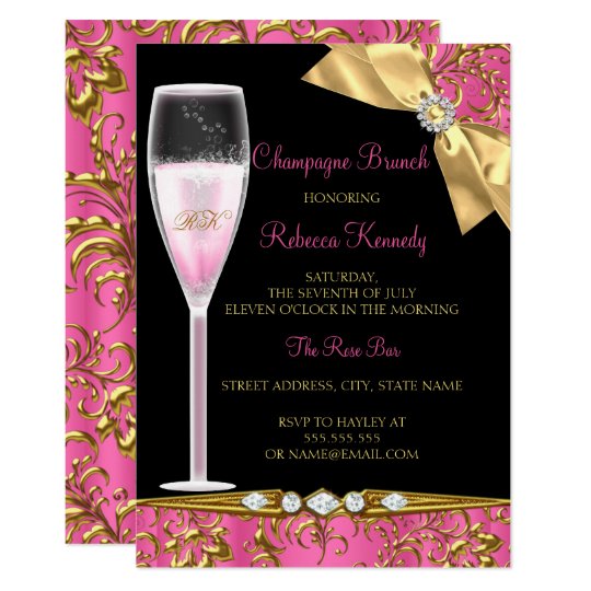Elegant Pink Black Gold Damask Champagne Brunch Invitation | Zazzle.com