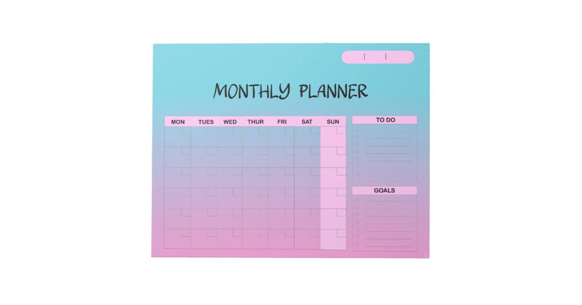 Elegant Pink Blue Blank Monthly Calendar Planner Notepad | Zazzle