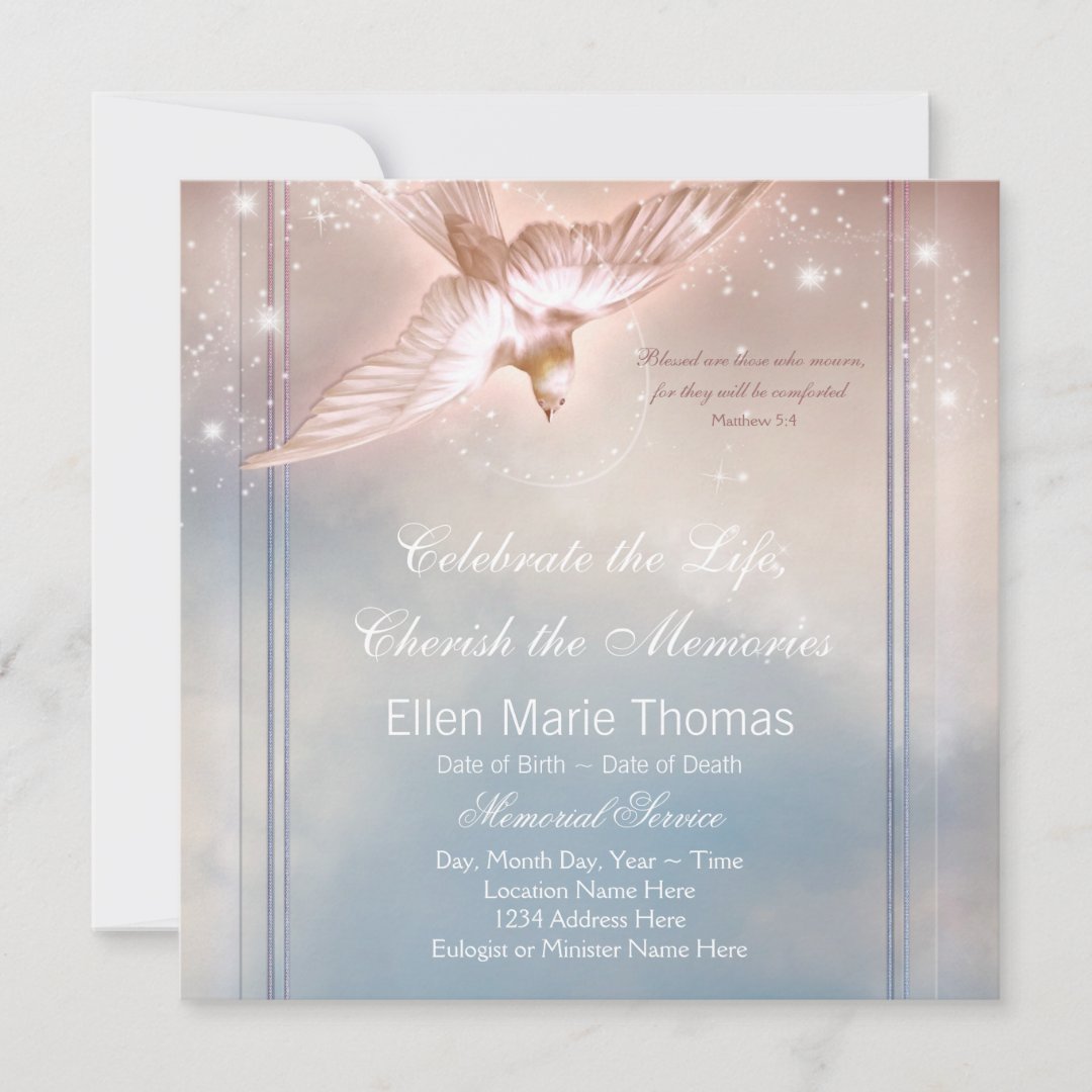 Elegant Pink Blue Dove In Loving Memory Memorial Invitation | Zazzle
