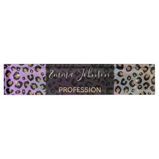 Elegant Pink Blue Gold Glitter Black Leopard Print Desk Name Plate | Zazzle