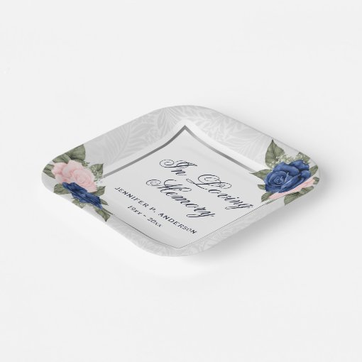 Elegant Pink Blue Silver Floral Memorial Funeral Paper Plates | Zazzle